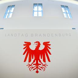  Das Wappen Brandenburgs am Rednerpult im Plenarsaal des Brandenburger Landtages.